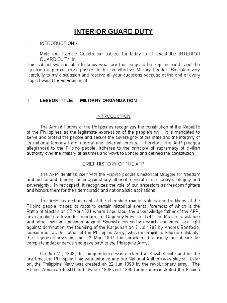 Interior Guard Duty: Lesson Title: Military Organization | PDF ...