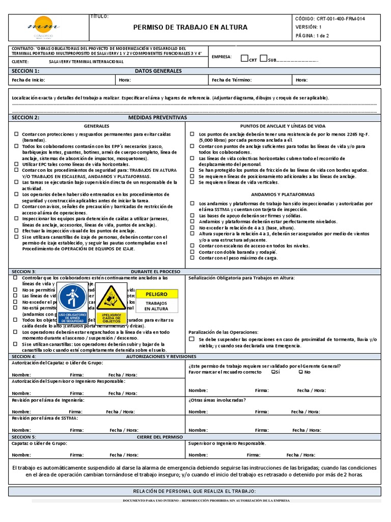 CRT-001-400-FRM-014 - Permiso de Trabajo en Altura - Rev. 01 | PDF | Andamio | Naturaleza