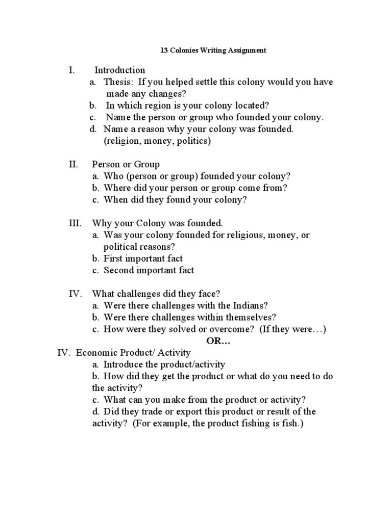 13 Colonies Writing Assignment Outline