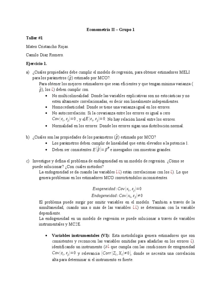 Taller # 1 Econometria 2 | PDF | Mínimos cuadrados ordinarios | Endogeneidad (Econometría)