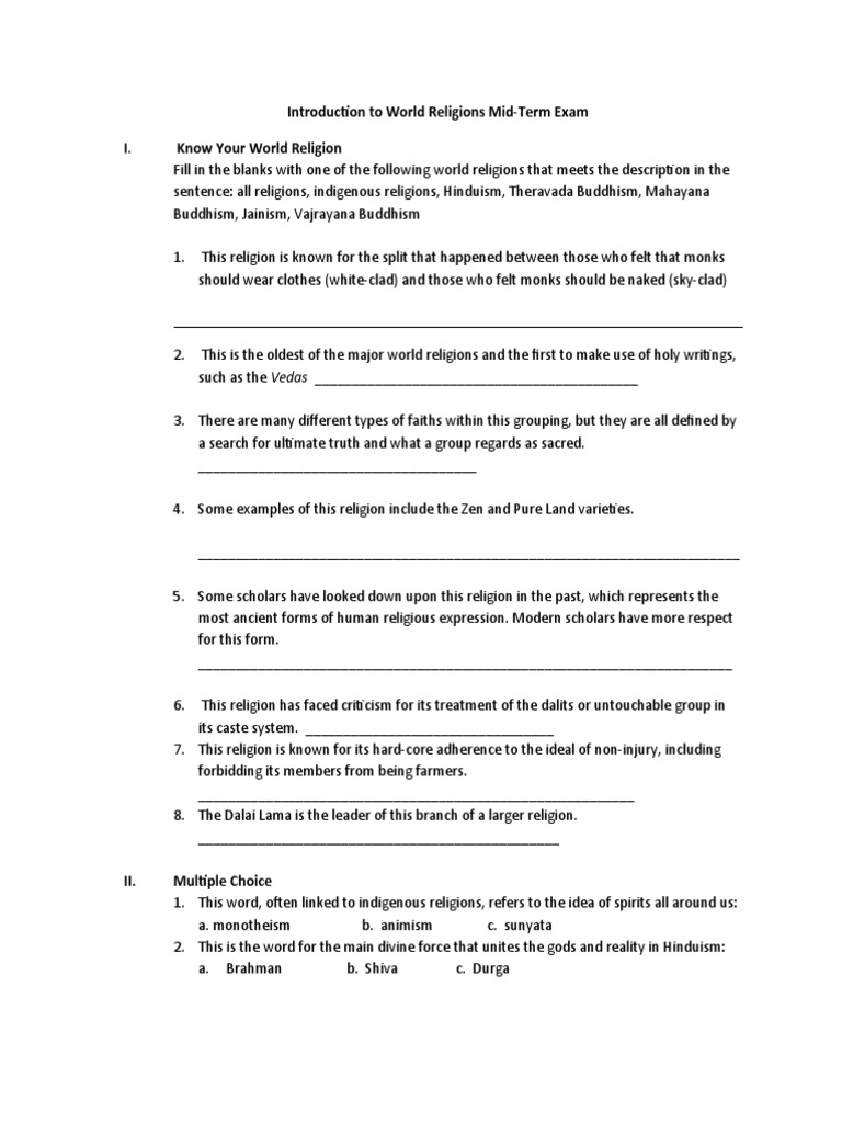 Introduction To World Religions Mid-Term Exam Know Your World Religion ...