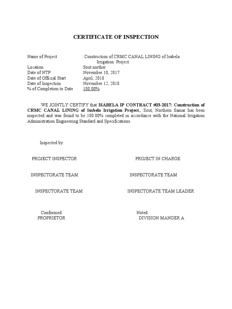 Certificate of Inspection | PDF