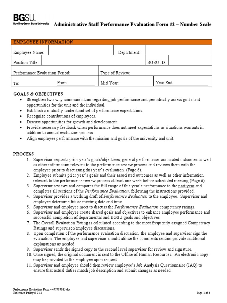 Administrative Staff Performance Evaluation Form #2 - Number Scale ...