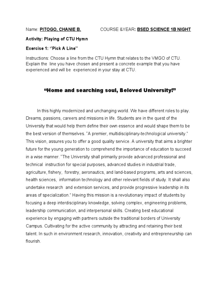 "Home and Searching Soul, Beloved University!": Activity: Playing of CTU Hymn Exercise 1: 'Pick ...