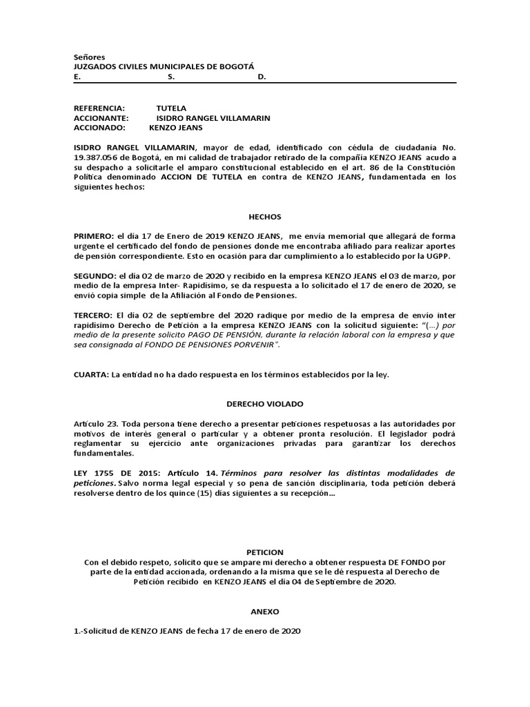 Tutela Por No Responder Derecho de Petición Isidro Rangel | PDF ...