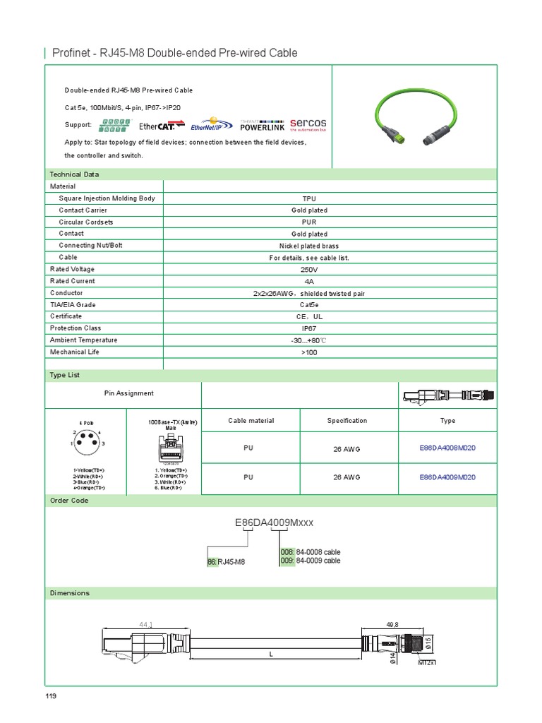 Profinet - RJ45-M8 Double-Ended Pre-Wired Cable: Technical Data | Download Free PDF ...