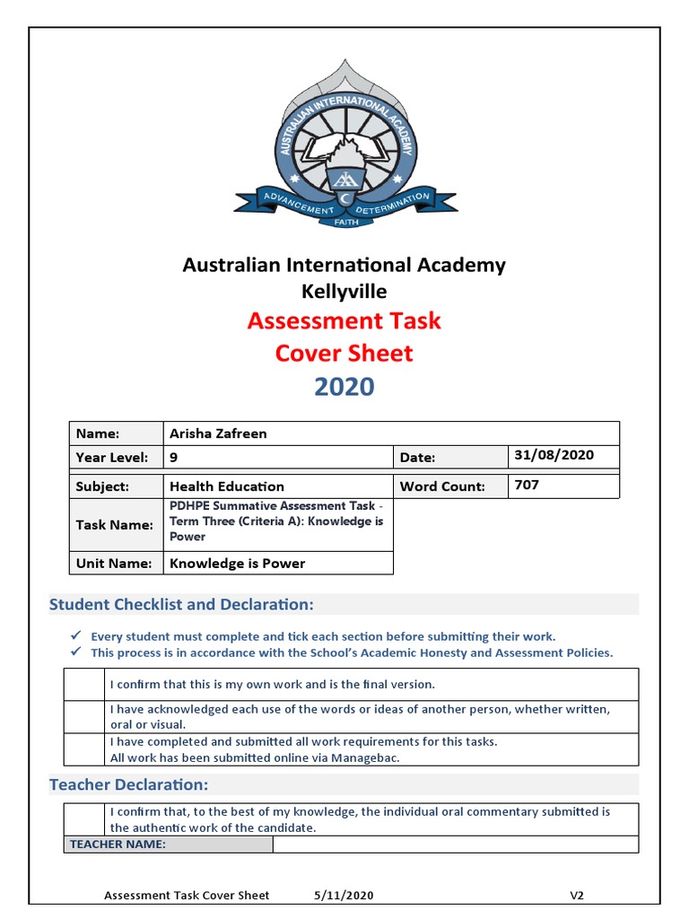 Pdhpe Summative Assessment Task - Arisha | PDF | Action (Philosophy ...