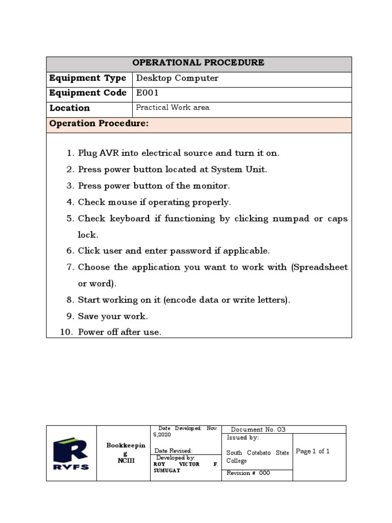 Operational Procedure Equipment Type Desktop Computer Equipment Code ...