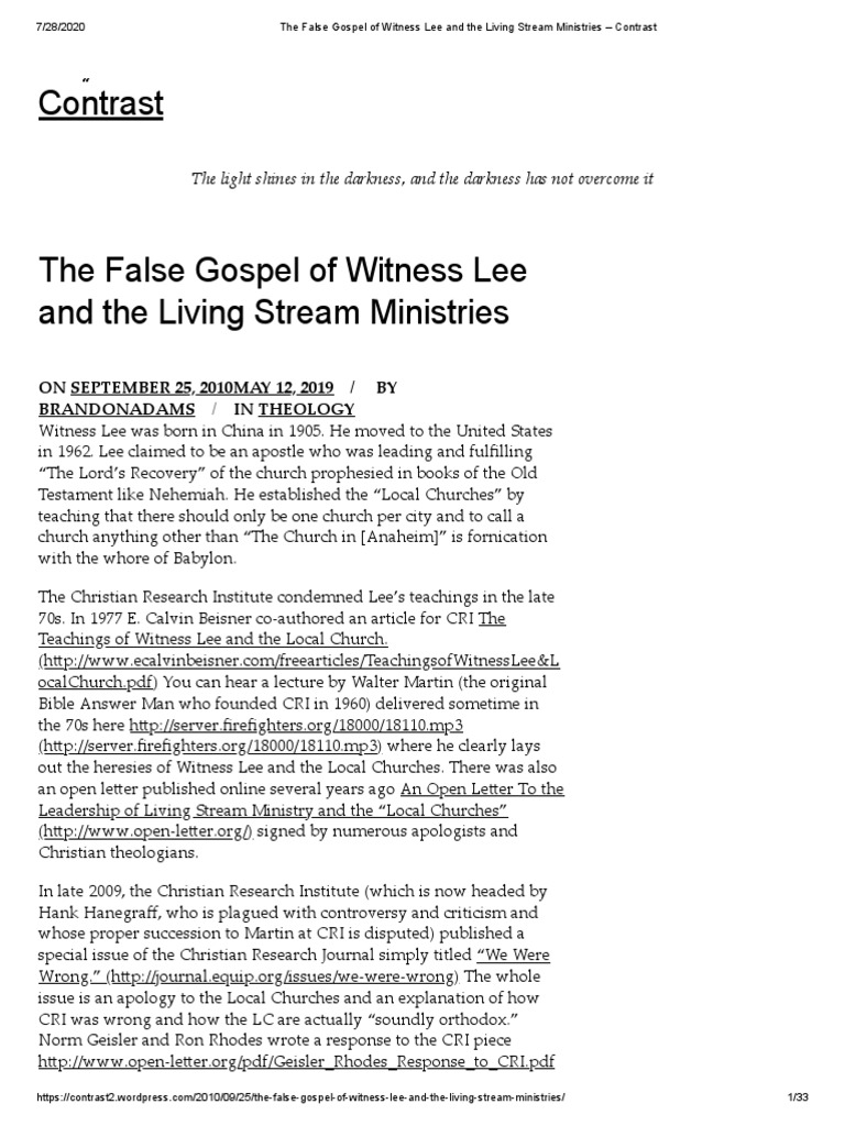 The False Gospel of Witness Lee and The Living Stream Ministries ...