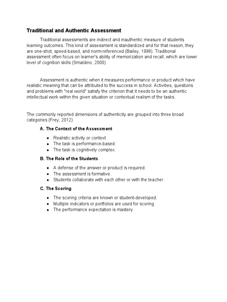 Traditional and Authentic Assessment: A. The Context of The Assessment ...