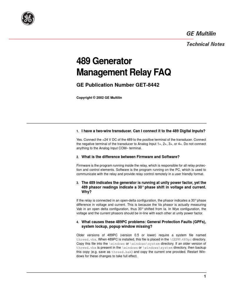 489 Generator Management Relay FAQ: GE Multilin | PDF | Duplex ...