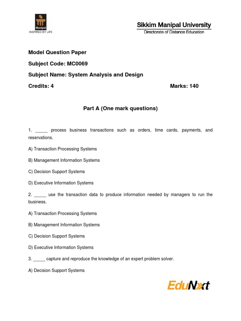 MC0069-System Analysis and Design Model Question Paper | PDF | Class (Computer Programming) | System