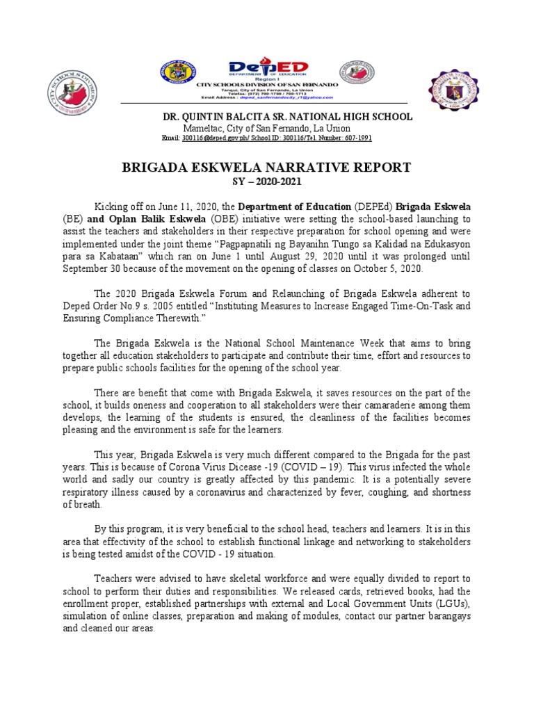 Brigada 2020 Narrative Report | PDF | Teachers | Public Health