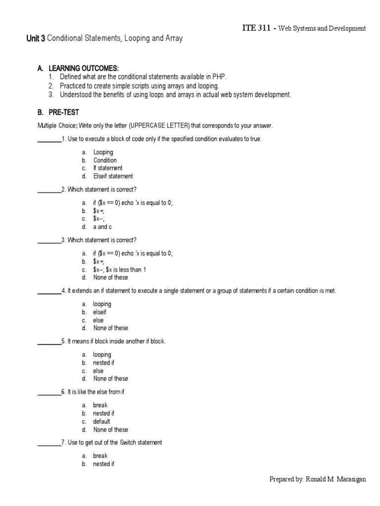 ITE 311 - Unit 3 Conditional Statements, Looping and Array | PDF | Control Flow | Array Data ...