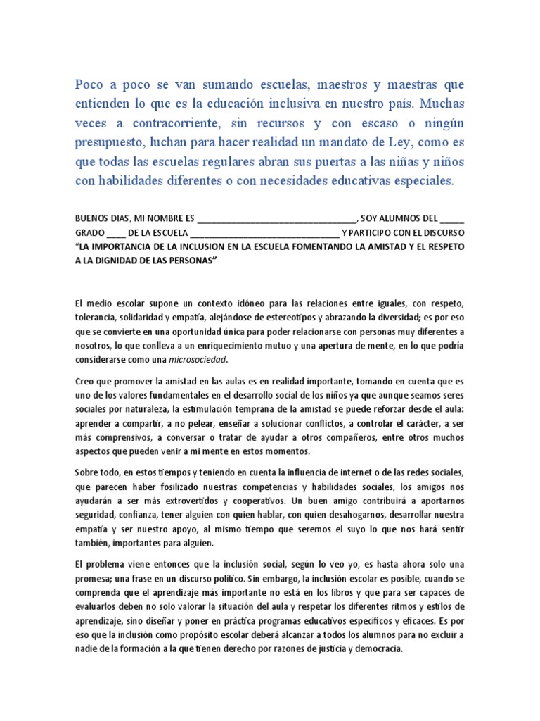 Discurso | PDF | Inclusión (Educación) | Tolerancia