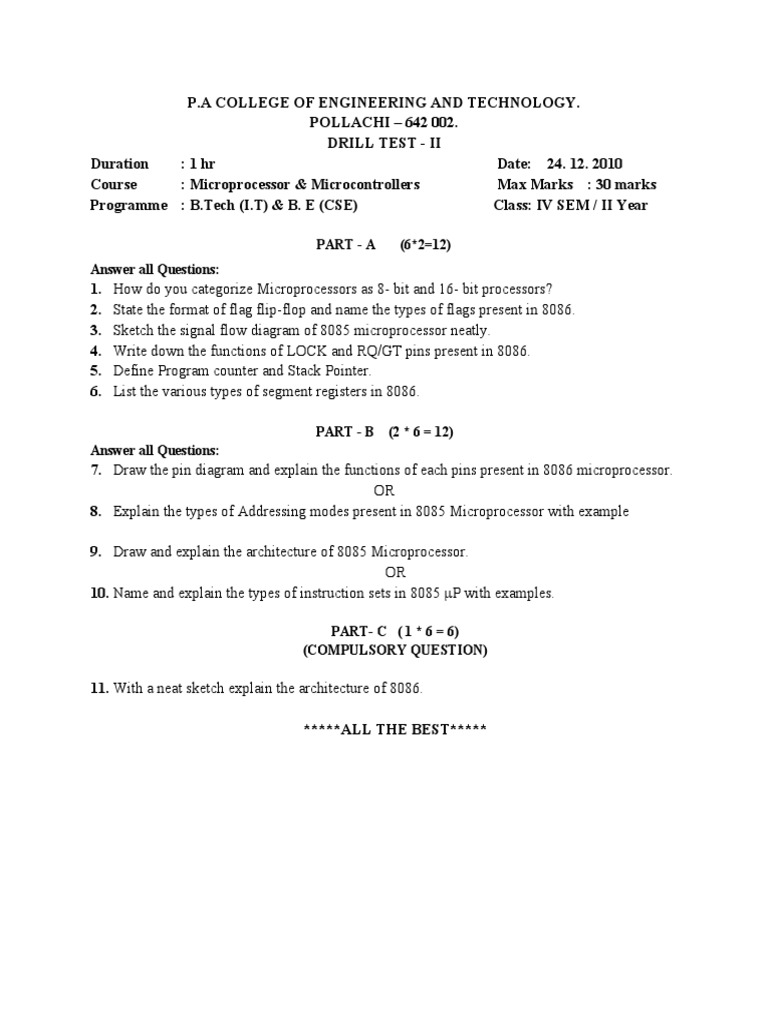 Microprocessor & Microcontrollers Test 2010 | PDF
