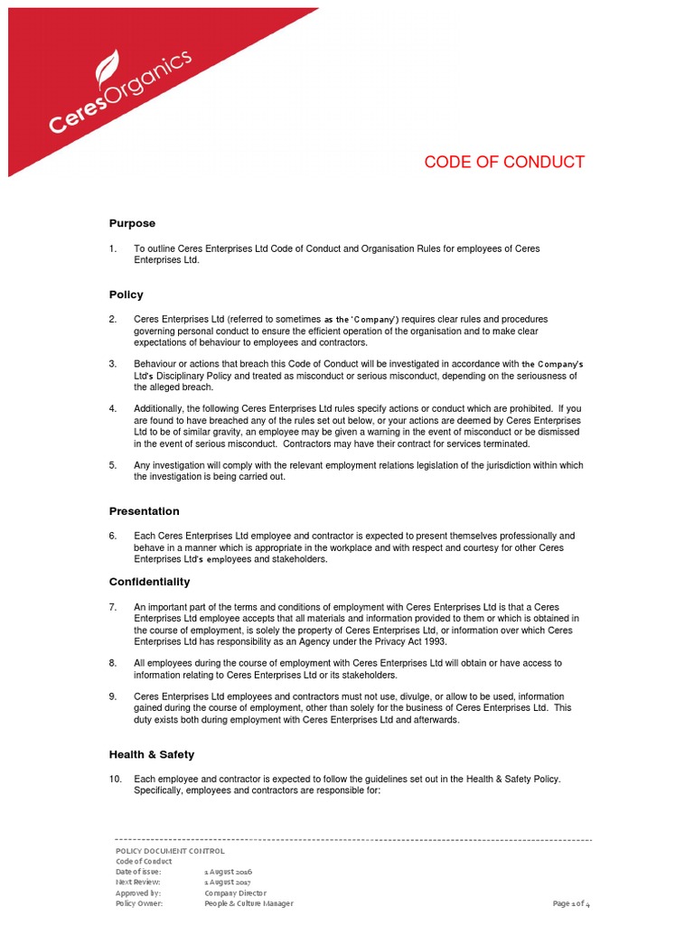 Code of Conduct | PDF | Occupational Safety And Health | Employment