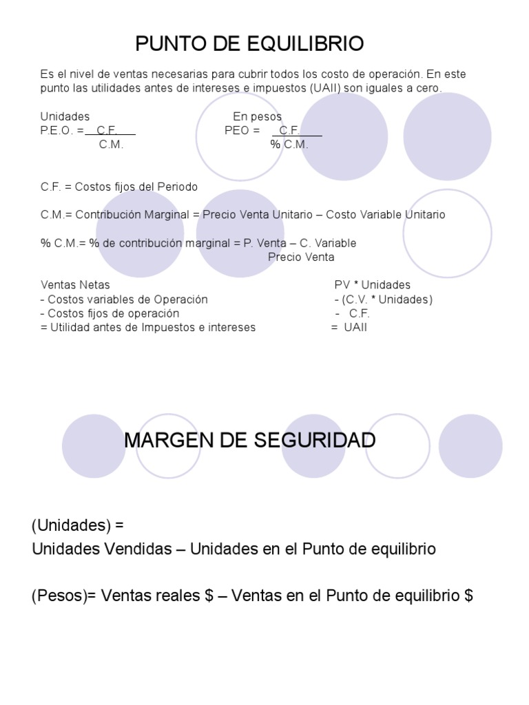 Formulas Punto Equilibrio | PDF | Apalancamiento (Finanzas) | Contabilidad financiera