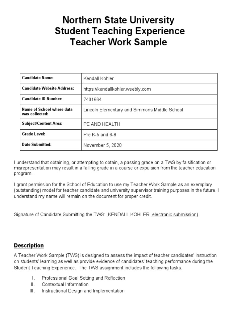 Northern State University Student Teaching Experience Teacher Work Sample | PDF | Classroom ...