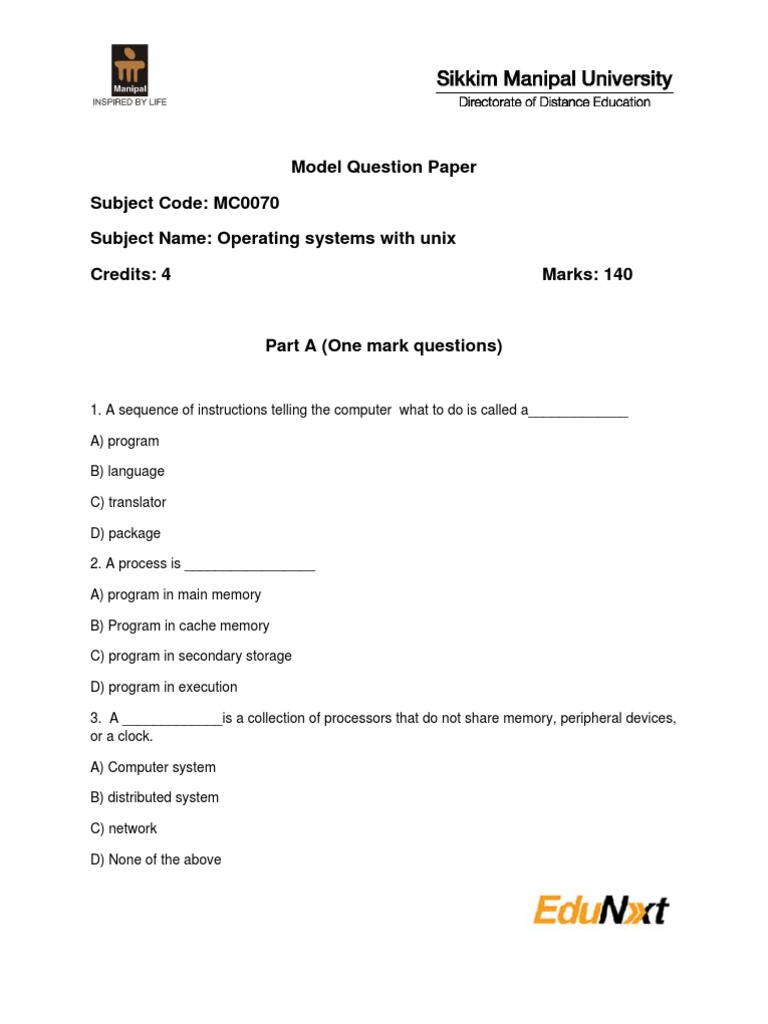 MC0070-Operating Systems With Unix Model Question Paper | PDF | Process ...