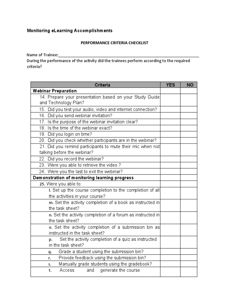 Monitoring Elearning Accomplishments Performance Criteria Checklist | PDF