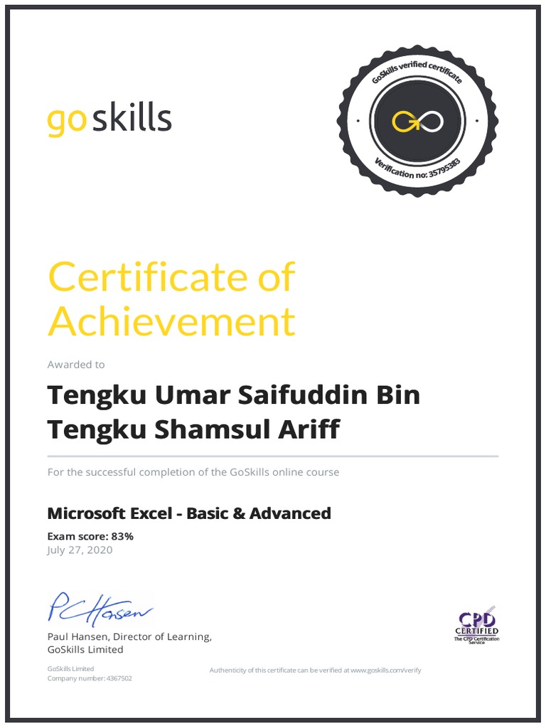 GoSkills Certificate - Tengku Umar Saifuddin Bin Tengku Shamsul Ariff - Microsoft Excel - Basic ...