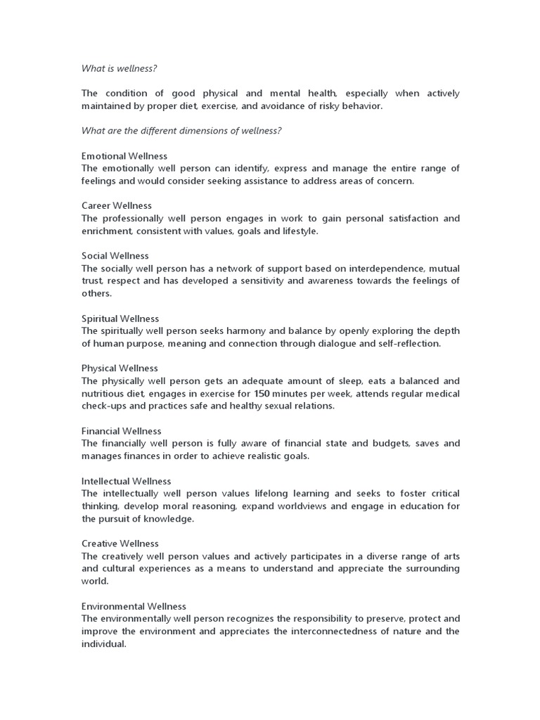 Wellness and Its Dimensions | PDF | Physical Fitness | Metaphysics Of Mind