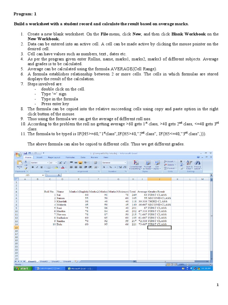 Program: 1 Build A Worksheet With A Student Record and Calculate The ...