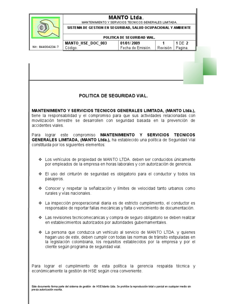 Manto - Hse - Doc - 003 Politica de Seguridad Vial | PDF | Seguridad ...