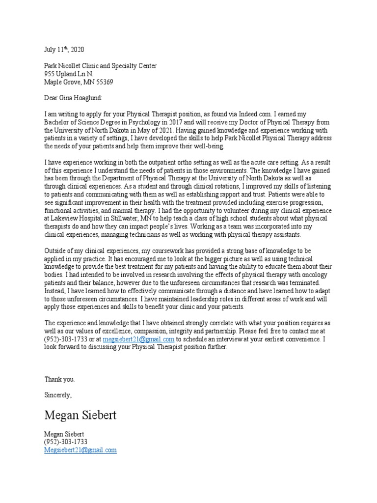 PT Cover Letter | PDF | Physical Therapy | Psychotherapy