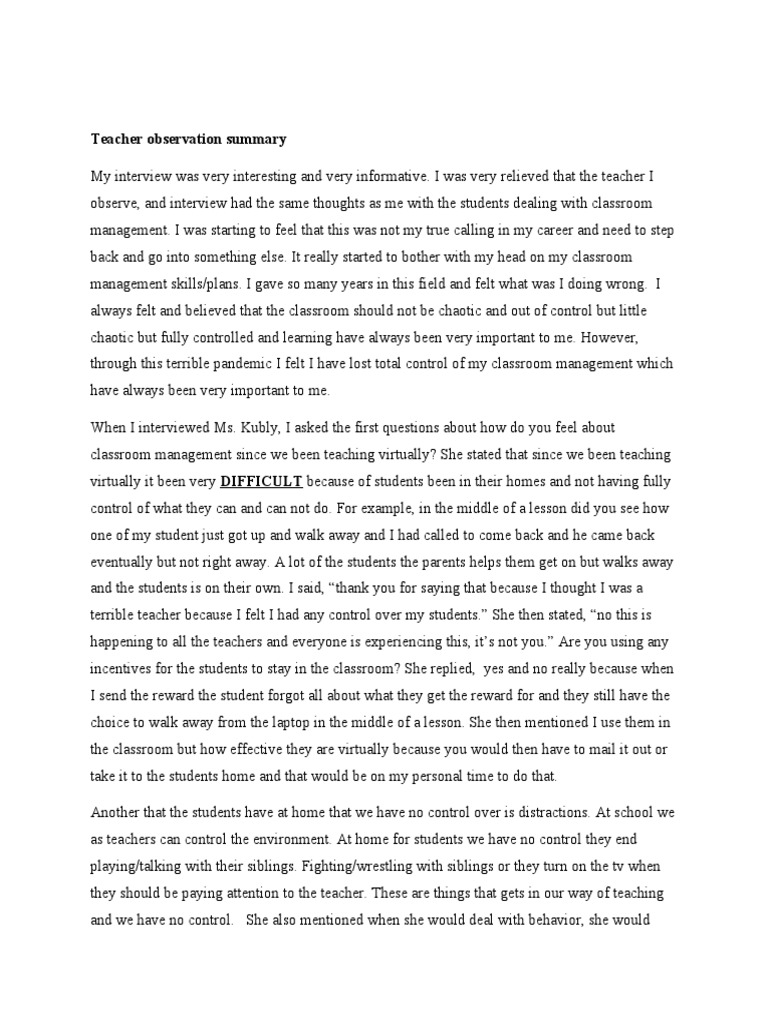 Teacher Observation Summary | PDF | Classroom | Classroom Management