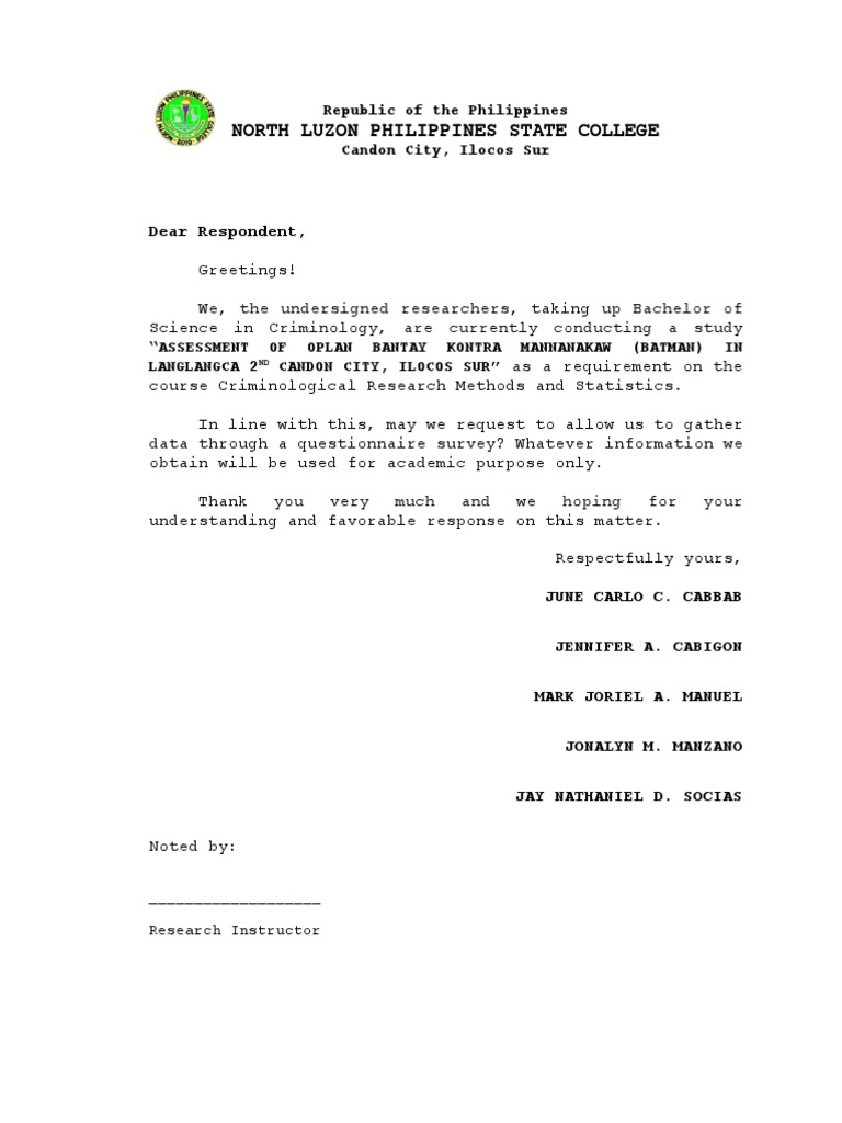 North Luzon Philippines State College: Dear Respondent | PDF | Wellness