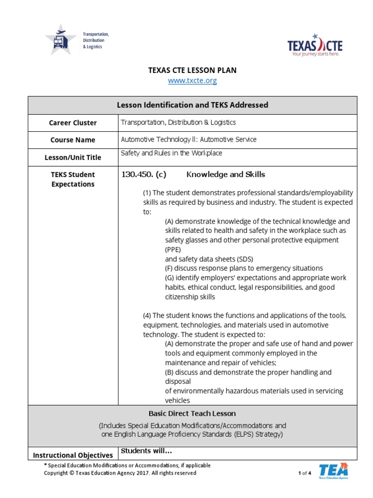 Lesson Plan Automotive II - Safety and Rules in The Workplace | PDF ...