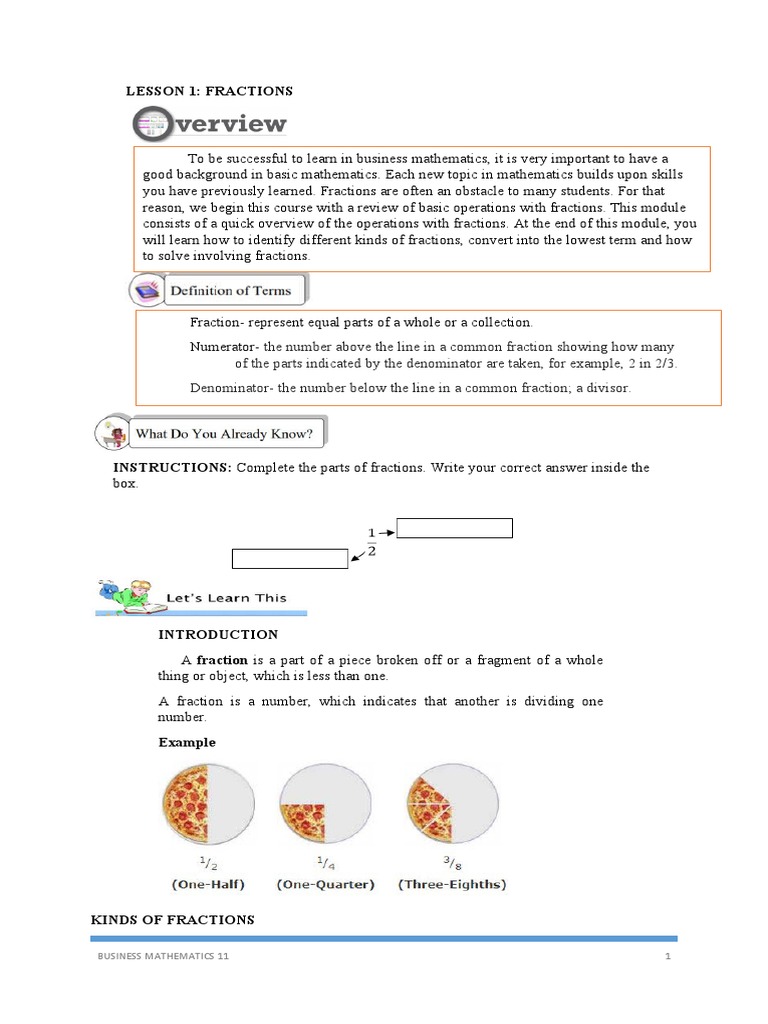 Bus Math Grade 11 Q1 M1 W1 | PDF | Fraction (Mathematics) | Subtraction