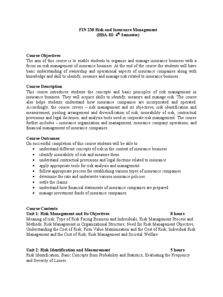 FIN 238 Risk and Insurance Management (BBA-BI: 4 Semester) | PDF ...