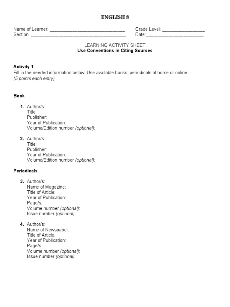 English 8: Use Conventions in Citing Sources | PDF