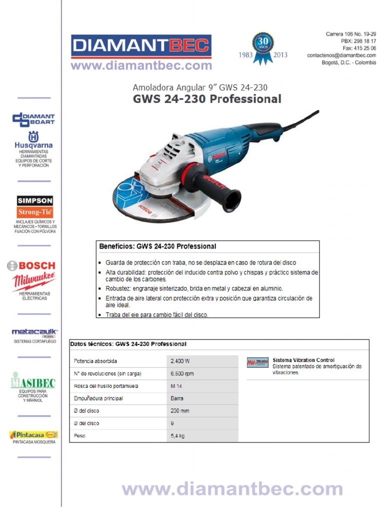 Ficha Tecnica Pulidora 06018a40g0 - GWS 24-230 | PDF