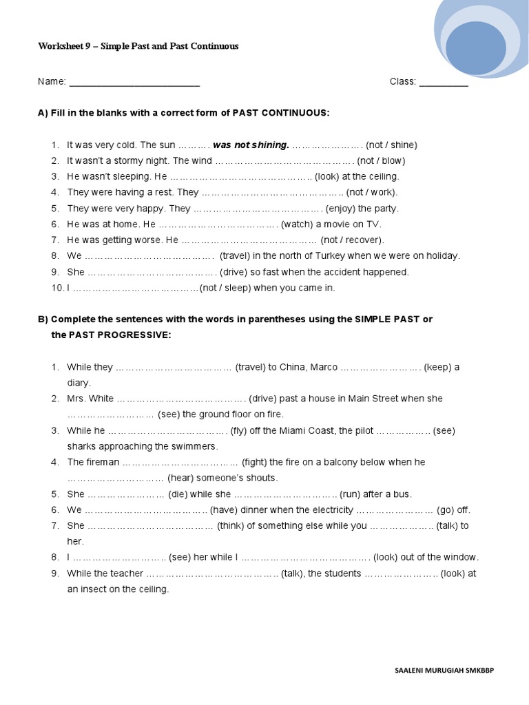 Worksheet 9 - Simple Past and Past Continuous: Saaleni Murugiah SMKBBP ...