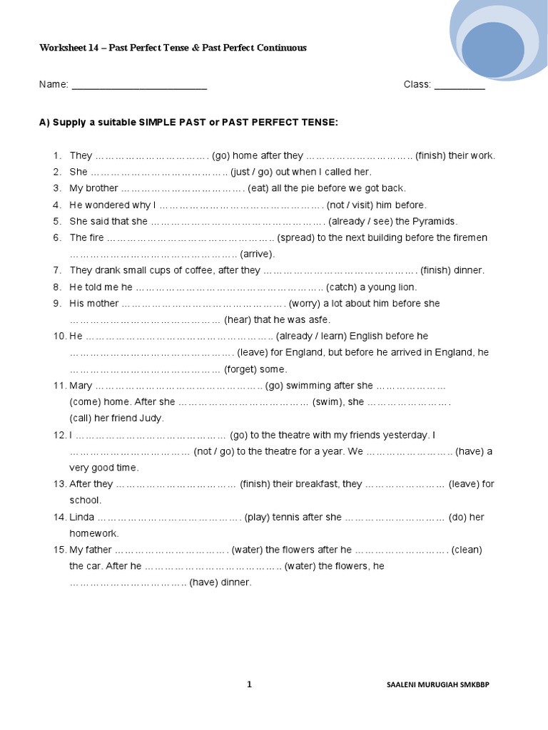 Worksheet 14 - Past Perfect Tense & Past Perfect Continuous | PDF