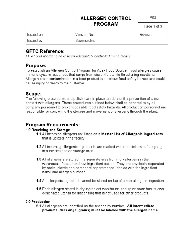 P3 Allergen Control Program | PDF | Public Health | Foods