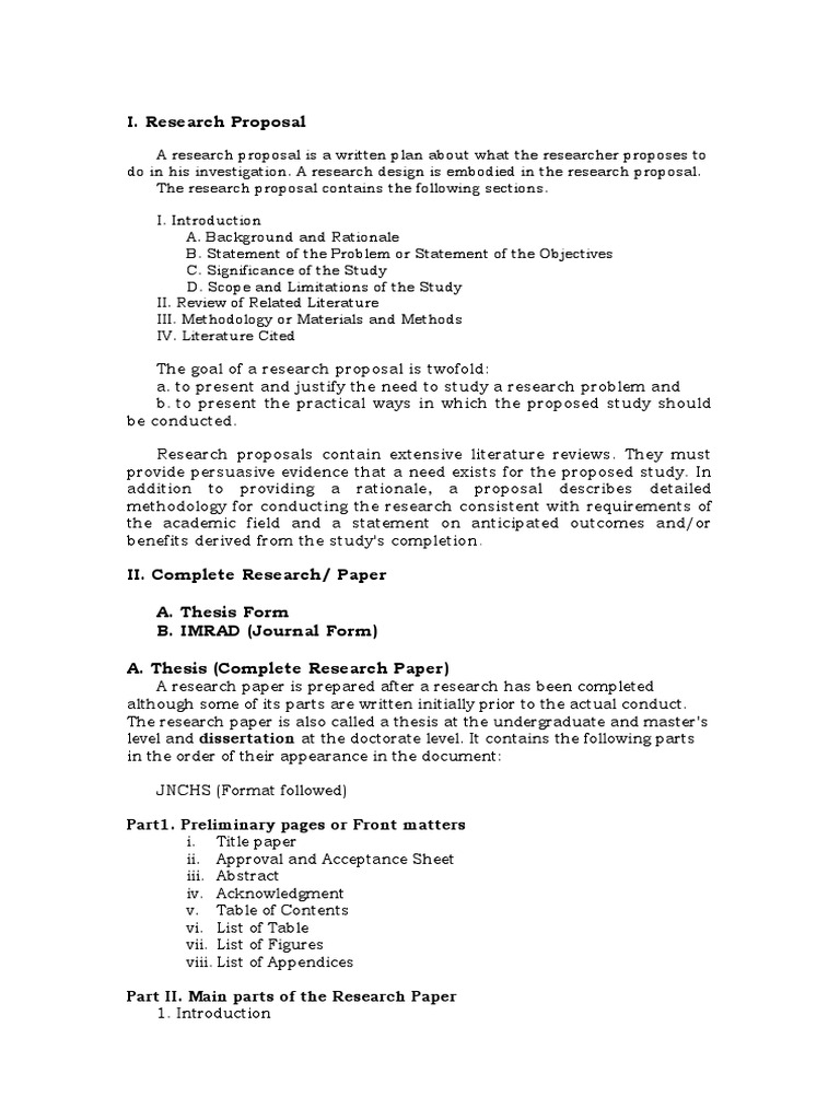 I. Research Proposal: Part1. Preliminary Pages or Front Matters | PDF ...