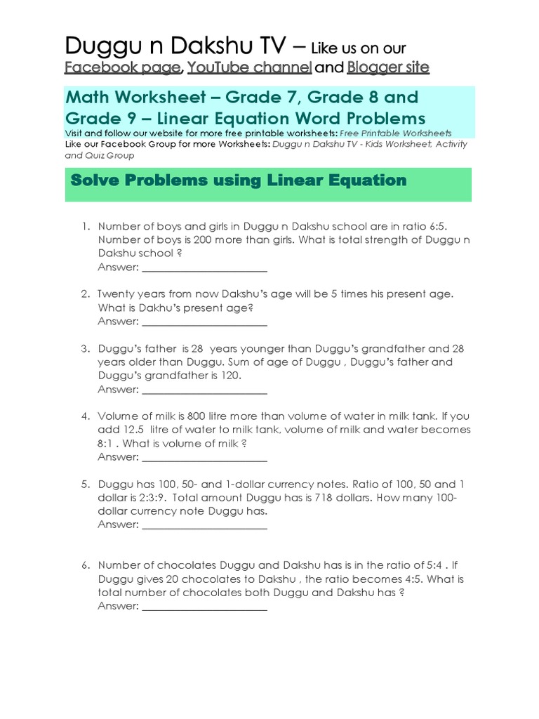 Math Worksheet - Grade 7, Grade 8 and Grade 9 - Linear Equation Word ...