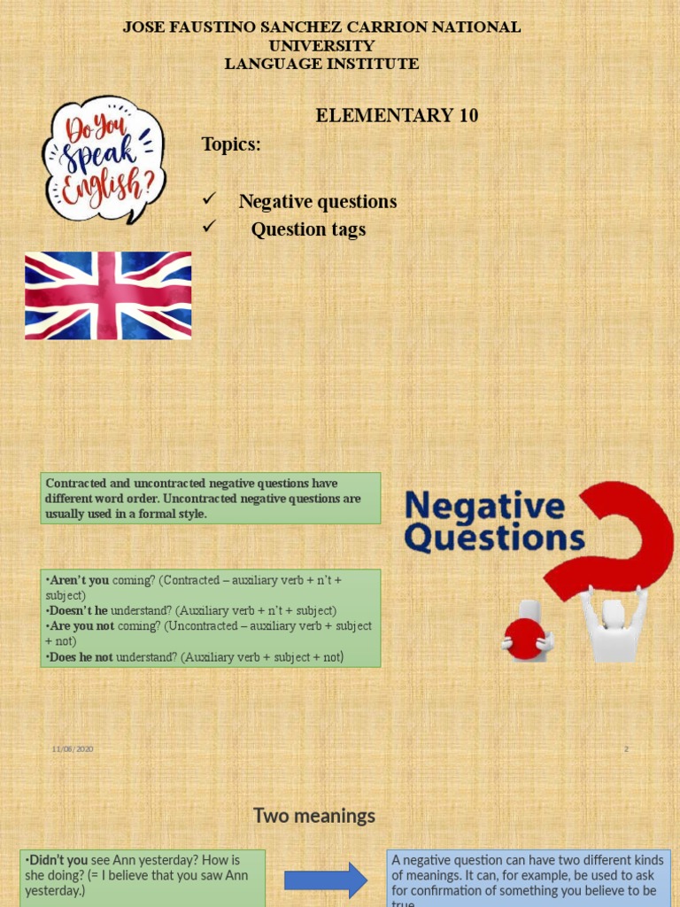 Elementary 10 Topics: Negative Questions: Question Tags | PDF ...