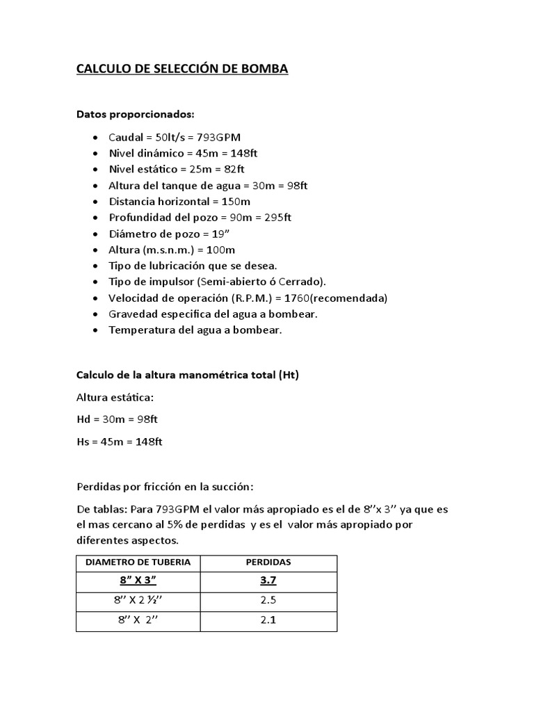 Calculo de Seleccion de Bomba | PDF | Dinámica (Mecánica) | Gases