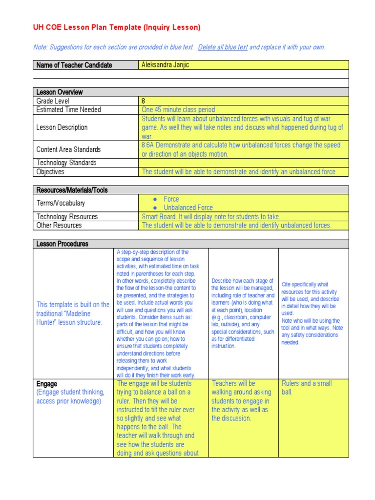 UH COE Lesson Plan Template (Inquiry Lesson) | PDF | Lesson Plan ...