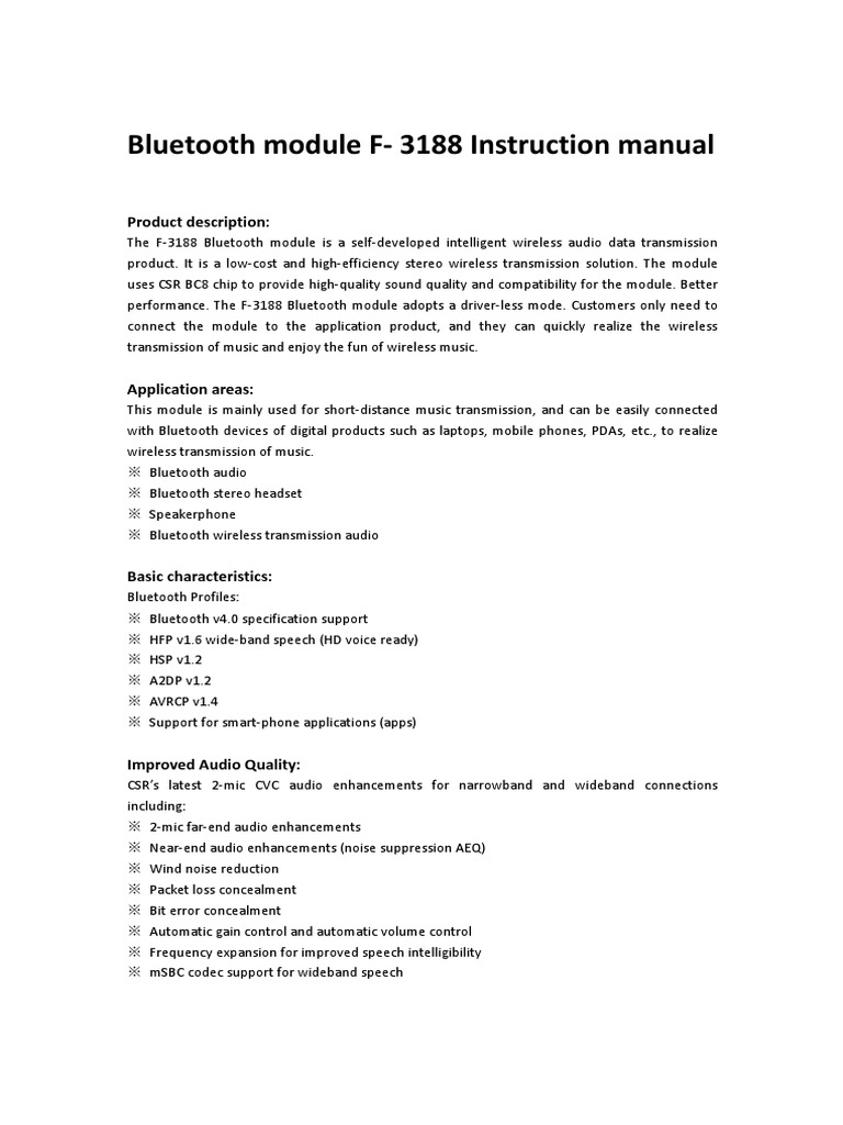 Bluetooth Module F-3188 Instruction Manual: Product Description | PDF ...