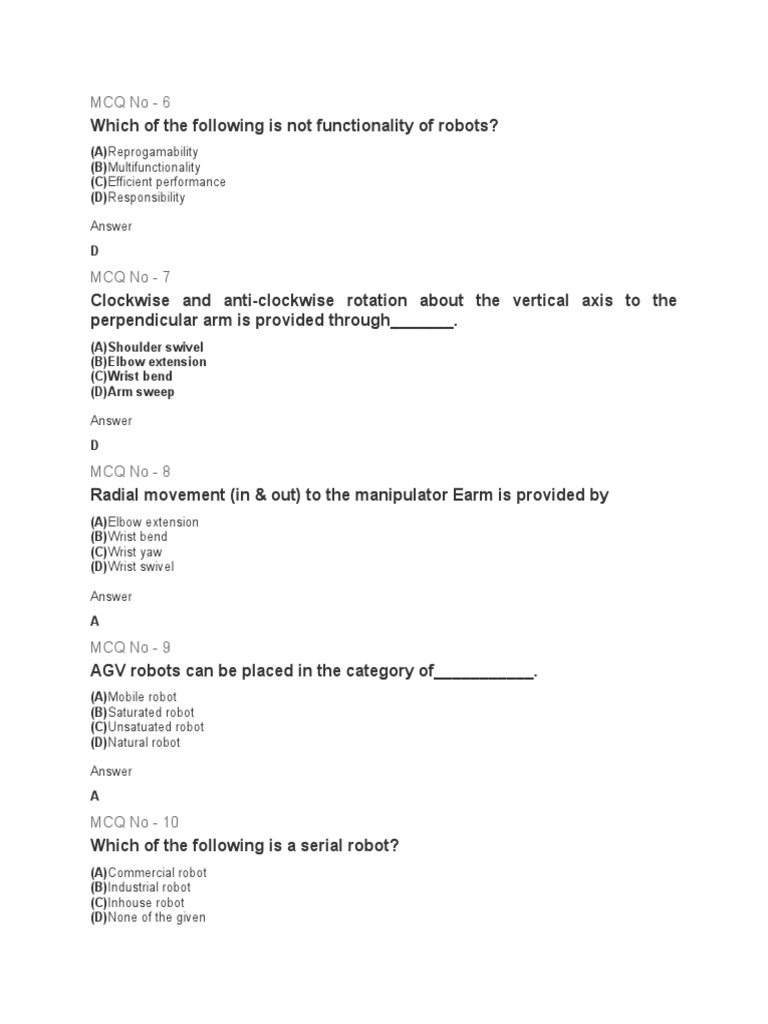 Robotics Sample Mcq Pdf Robot Robotics 