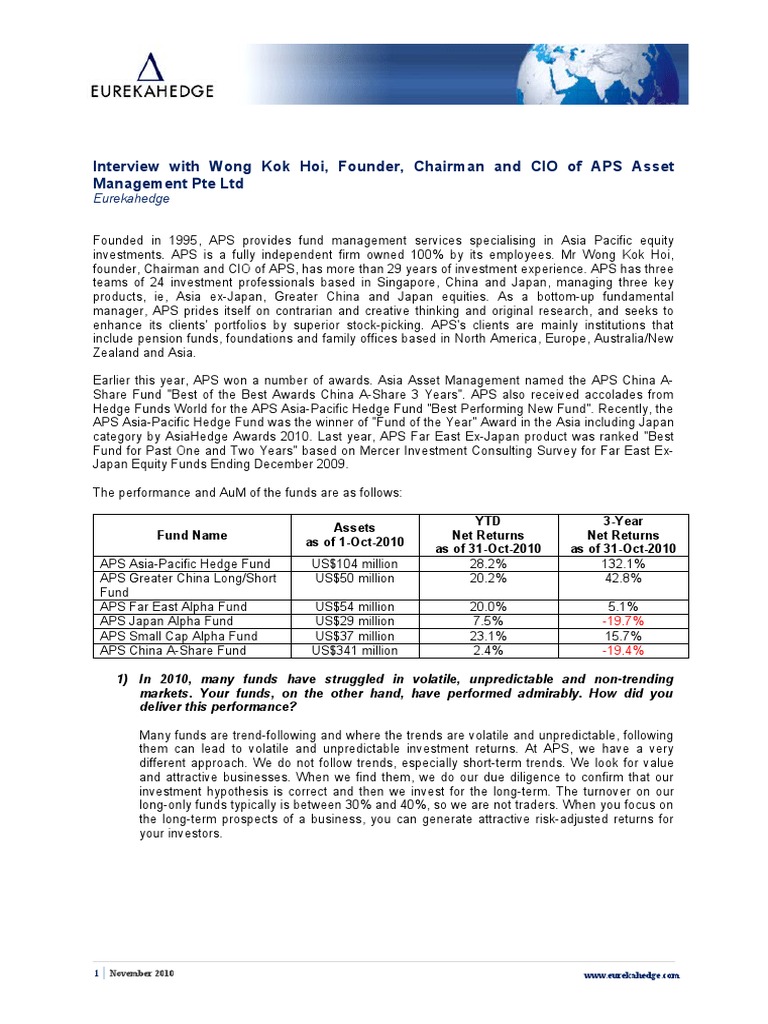 Eurekahedge Interview With APS Asset Management | PDF | Hedge Fund ...