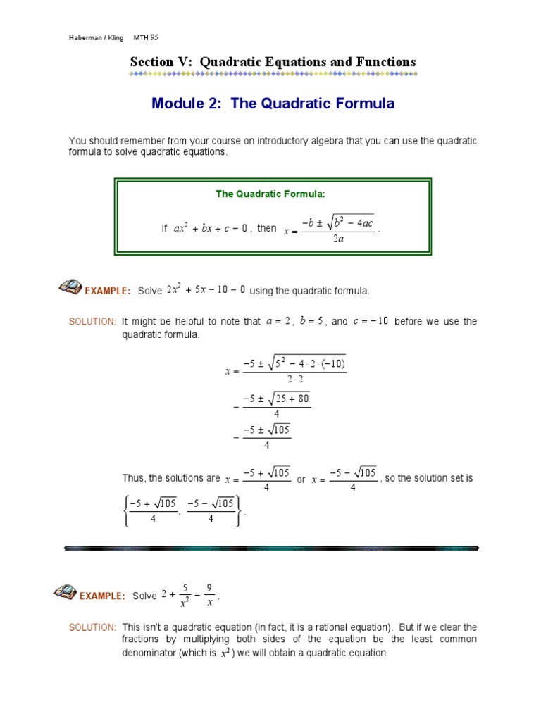 Module 2: The Quadratic Formula: Section V: Quadratic Equations and ...
