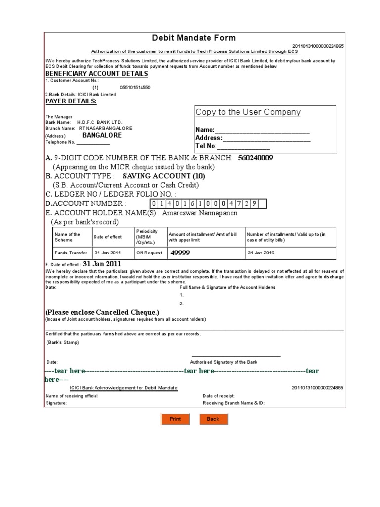 ICICI Bank Debit Mandate for ECS | PDF | Cheque | Banks